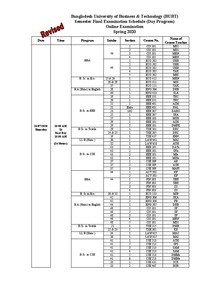 Semester Final Examination Schedule Spring 2020 Online Revised Pdf