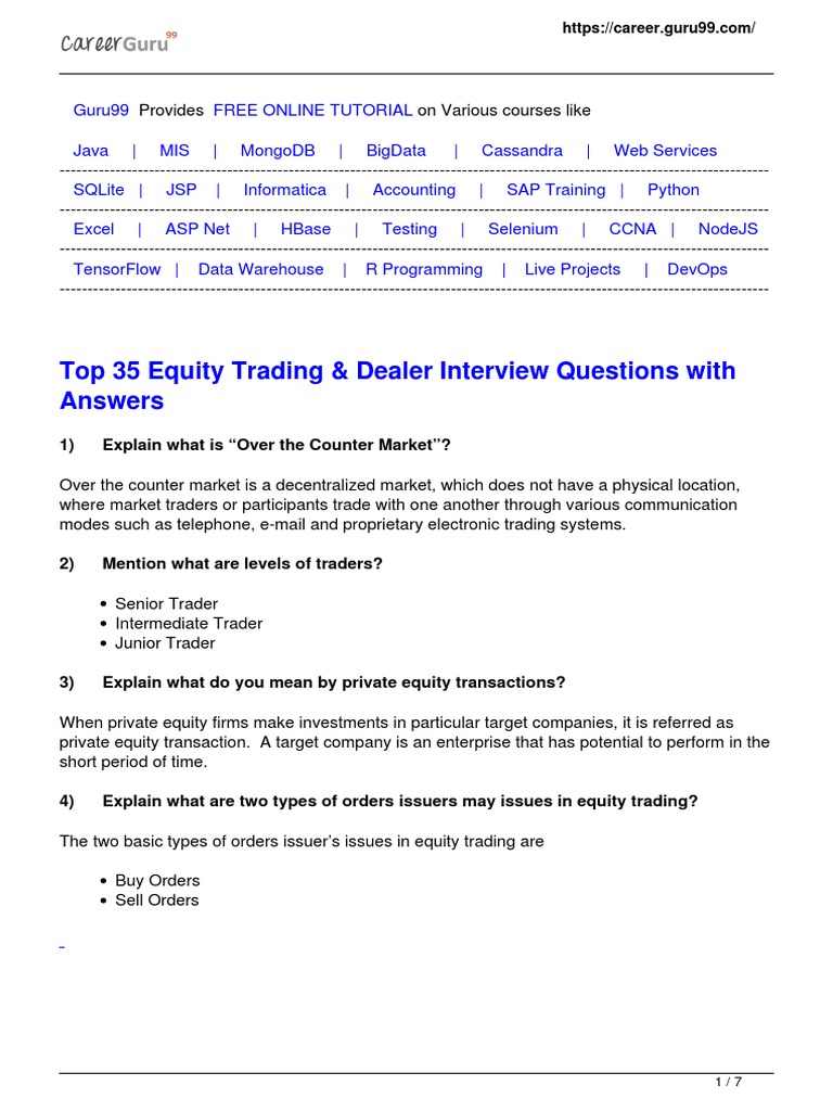 Top Equity Trading Interview Questions | PDF | Stocks | Option (Finance)