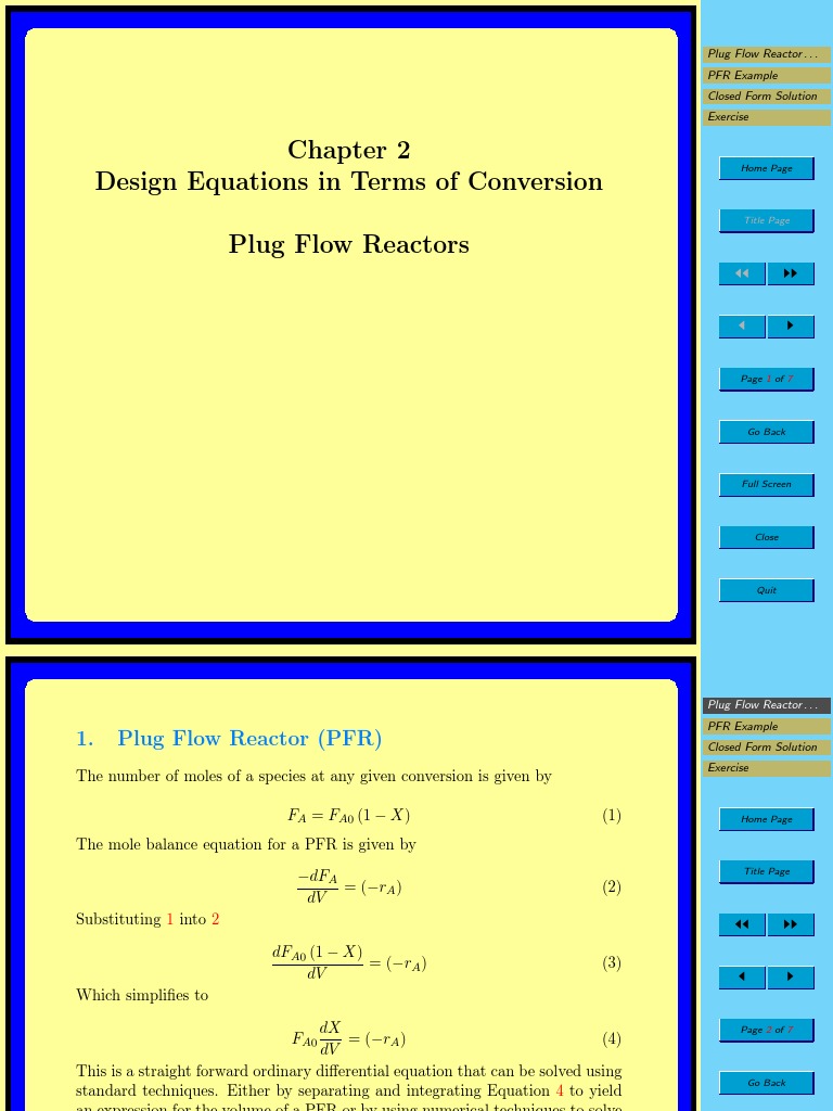 Design Equations in Terms of Conversion Plug Flow Reactors | PDF | Mathematics | Chemistry