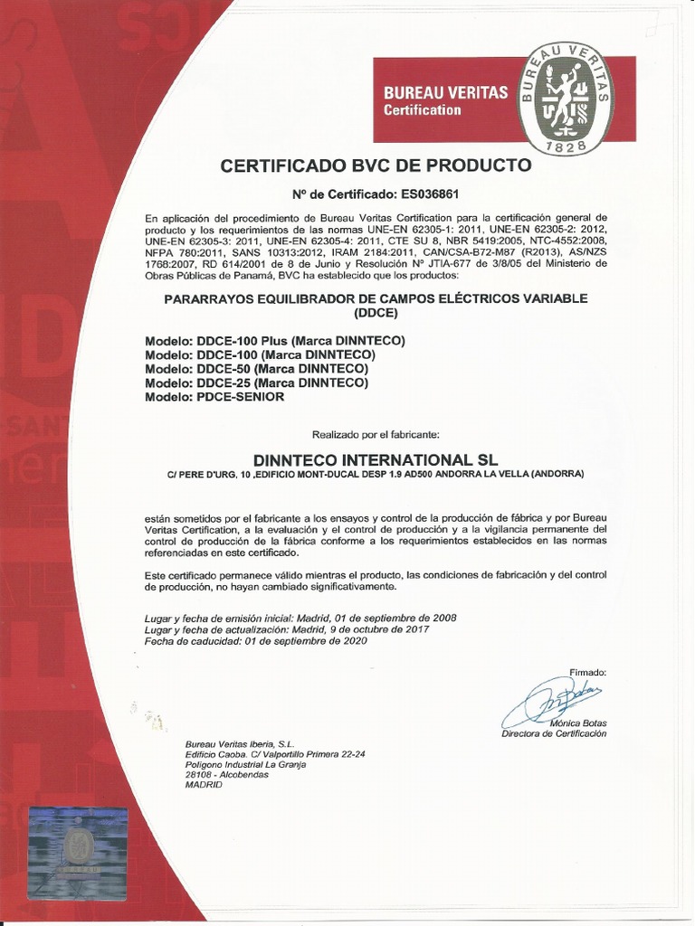 Certificado Producto Es036861 Sept. 2017 Pararrayo | PDF