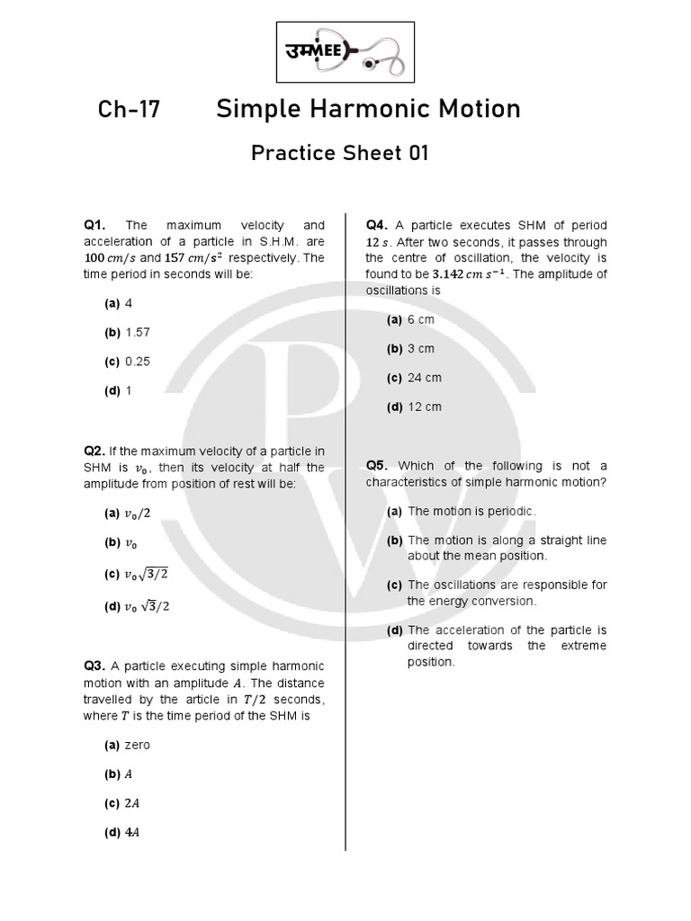 SHM - Practice Sheet - UCH17DPP01 | PDF | Pendulum | Kinetic Energy