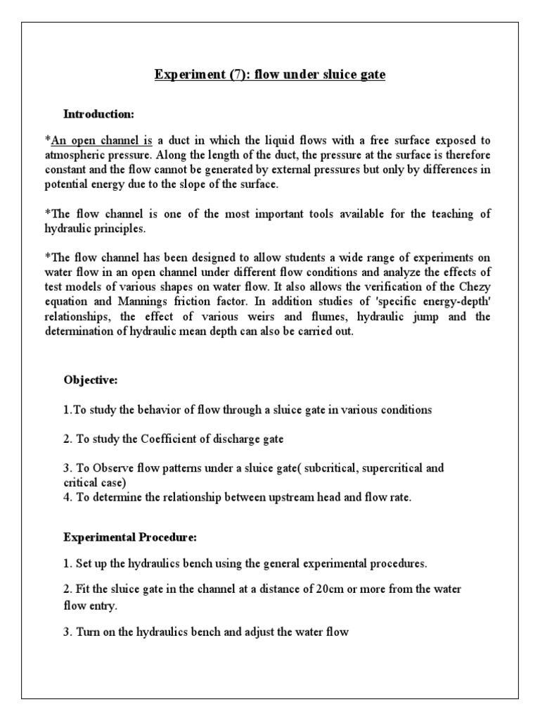 Experiment (7) : Flow Under Sluice Gate | PDF | Fluid Dynamics | Pressure