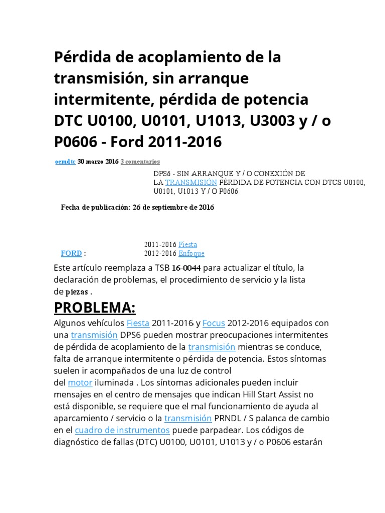 Pérdida de Acoplamiento de La Transmisión, Sin Arranque Intermitente ...