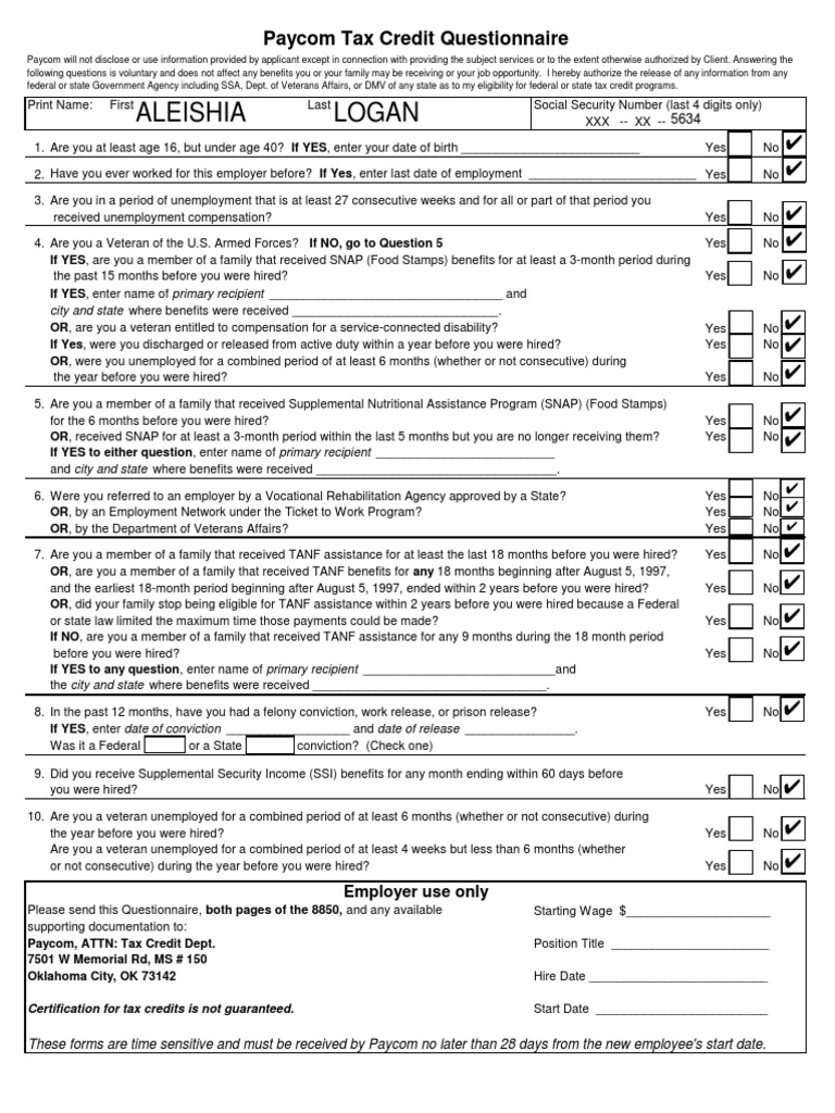 Aleishia Logan: Paycom Tax Credit Questionnaire | PDF | Supplemental ...