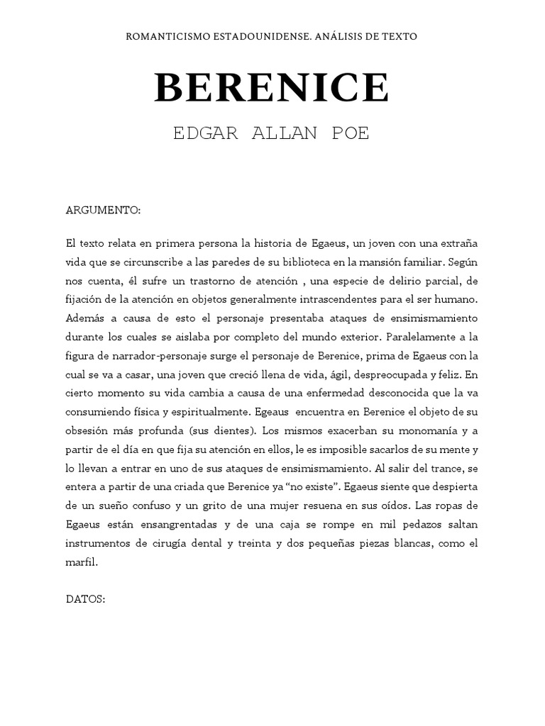 BERENICE (Literatura Universal) | PDF | Edgar Allan Poe | Cuentos