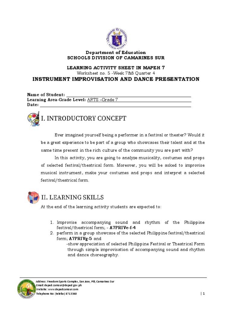 MAPEH 7: Instrument & Dance Activities | PDF | Dances | Cognition