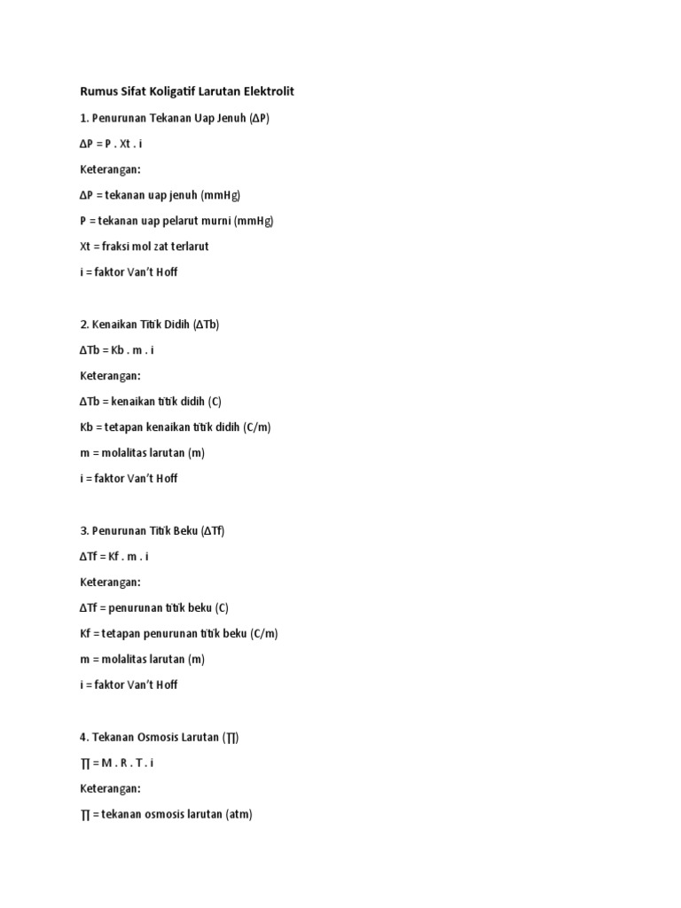 Rumus Sifat Koligatif Larutan Elektrolit Dan Non Elektrolit | PDF