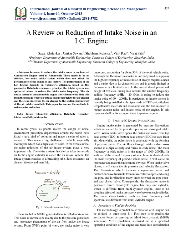 A Review On Reduction of Intake Noise in An I.C. Engine | Download Free ...