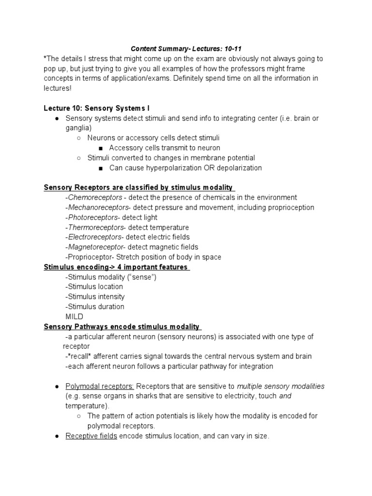 Lecture 10: Sensory Systems I: Content Summary-Lectures: 10-11 | PDF | Heart | Muscle Contraction