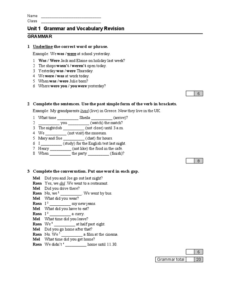 Unit 1 Grammar and Vocabulary Revision: Grammar 1 Underline The Correct ...
