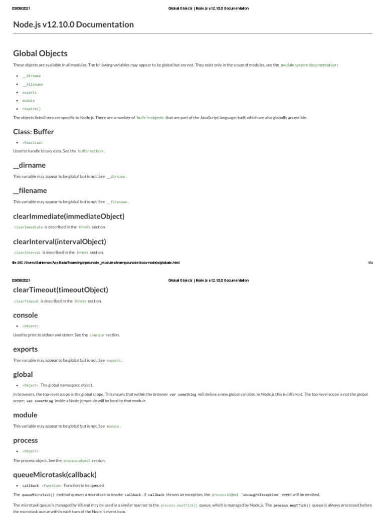 Global Objects - Node - Js v12.10.0 Documentation | PDF | Scope (Computer Science) | Software