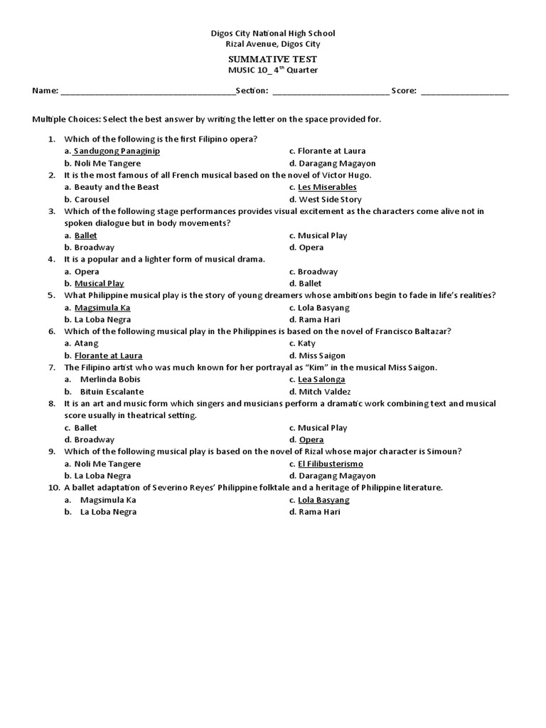 Music 10 - Summative Test - 4th Final 10 Items | PDF | Musical Theatre ...