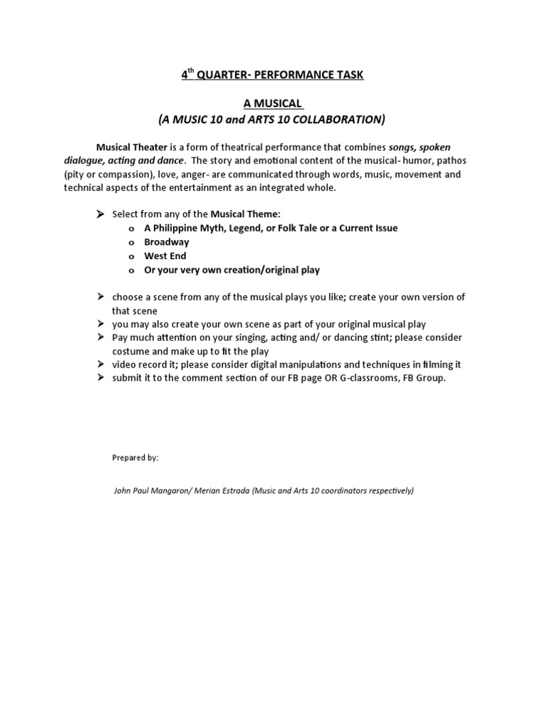 (A Music 10 and Arts 10 Collaboration) : 4 Quarter-Performance Task A ...