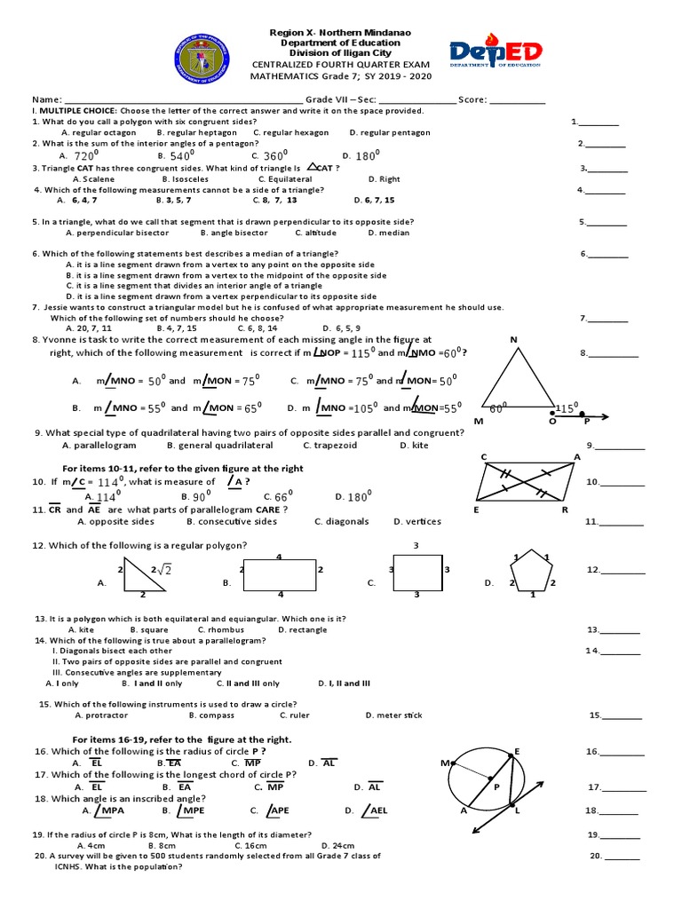 4th Quarter Exam Grade 7 1 SY 19 20 MAth | PDF | Triangle | Sampling ...