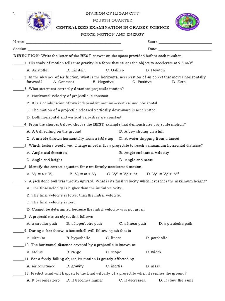 4th Periodic Test Grade 9 Science | PDF | Momentum | Acceleration