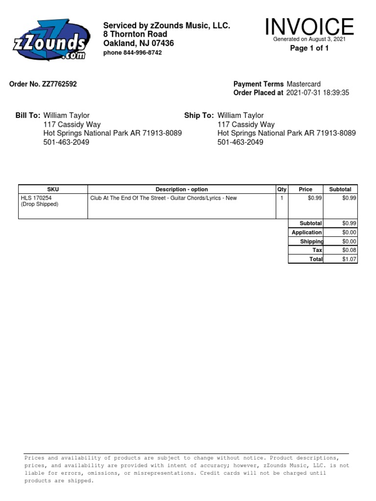 Invoice: Serviced by Zzounds Music, Llc. 8 Thornton Road Oakland, NJ ...