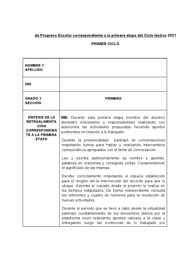 Informes 2021 Primer Grado (1) 05-07 | PDF | Aprendizaje | Comunicación