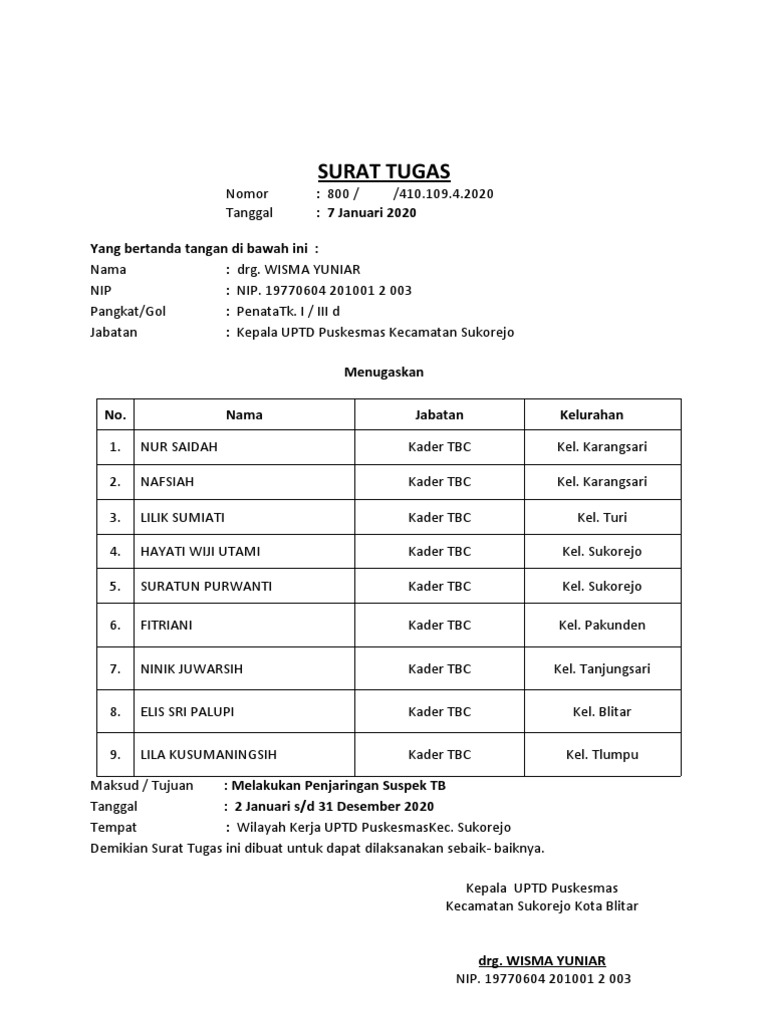 Surat Tugas Kader TB | PDF