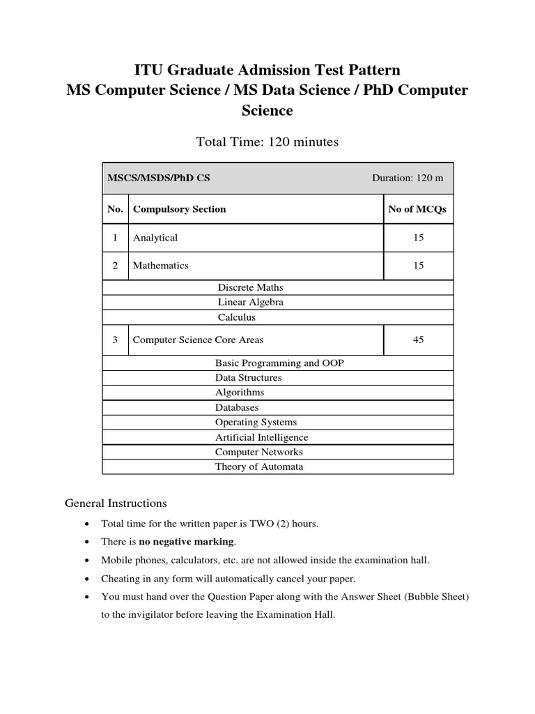 ITU Graduate Admission Test Pattern 2021 MSCS DS Updated | PDF
