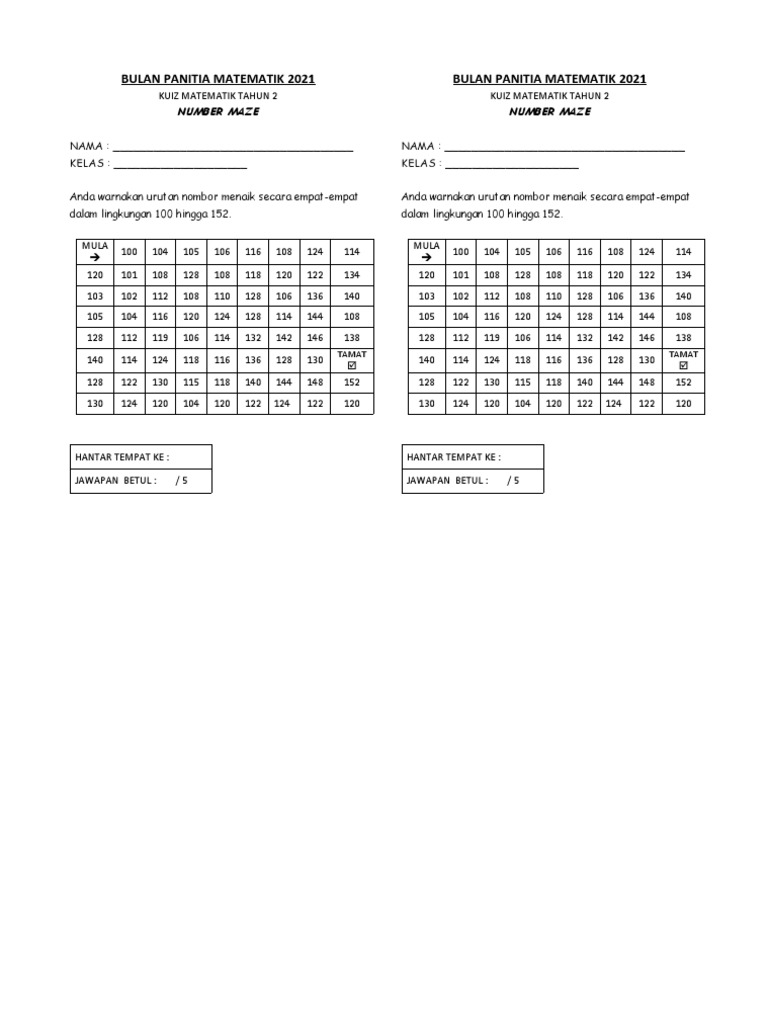 Kuiz Matematik Tahun 2 - 2021 - Gandaan 4 | PDF