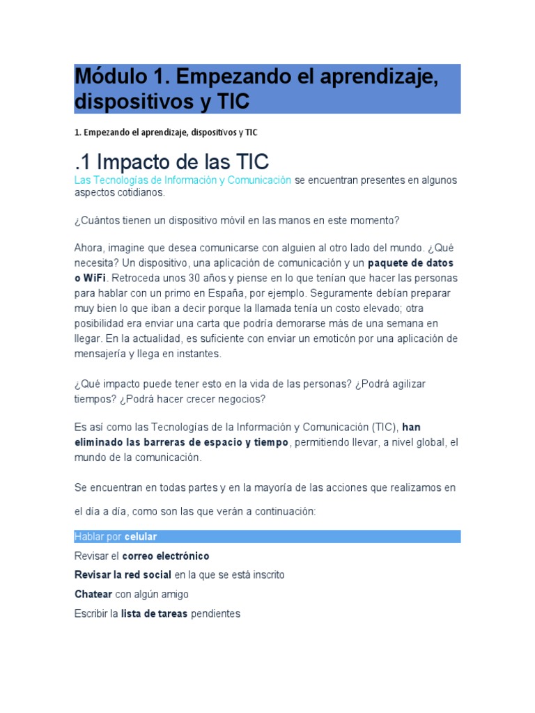 Módulo 1 Empezando El Aprendizaje, Dispositivos y TIC | PDF ...