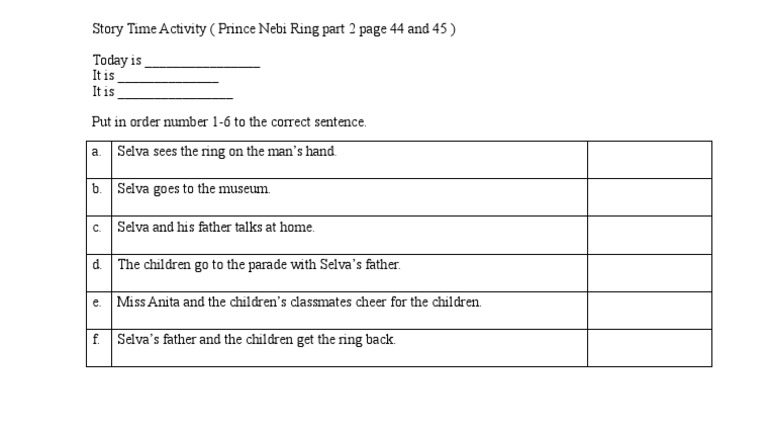 Story Time Activity (Prince Nebi Ring Part 2) | PDF