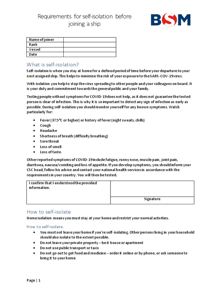 Self-Isolation Guidelines for Ship Joiners | PDF | Diseases And ...
