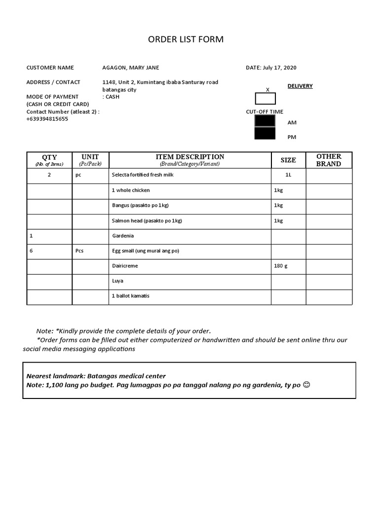 Order List Form: QTY Unit Item Description Size Other Brand | PDF
