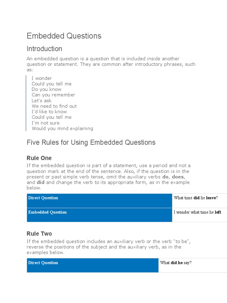 Embedded Questions: Rule One | PDF | Question | Verb