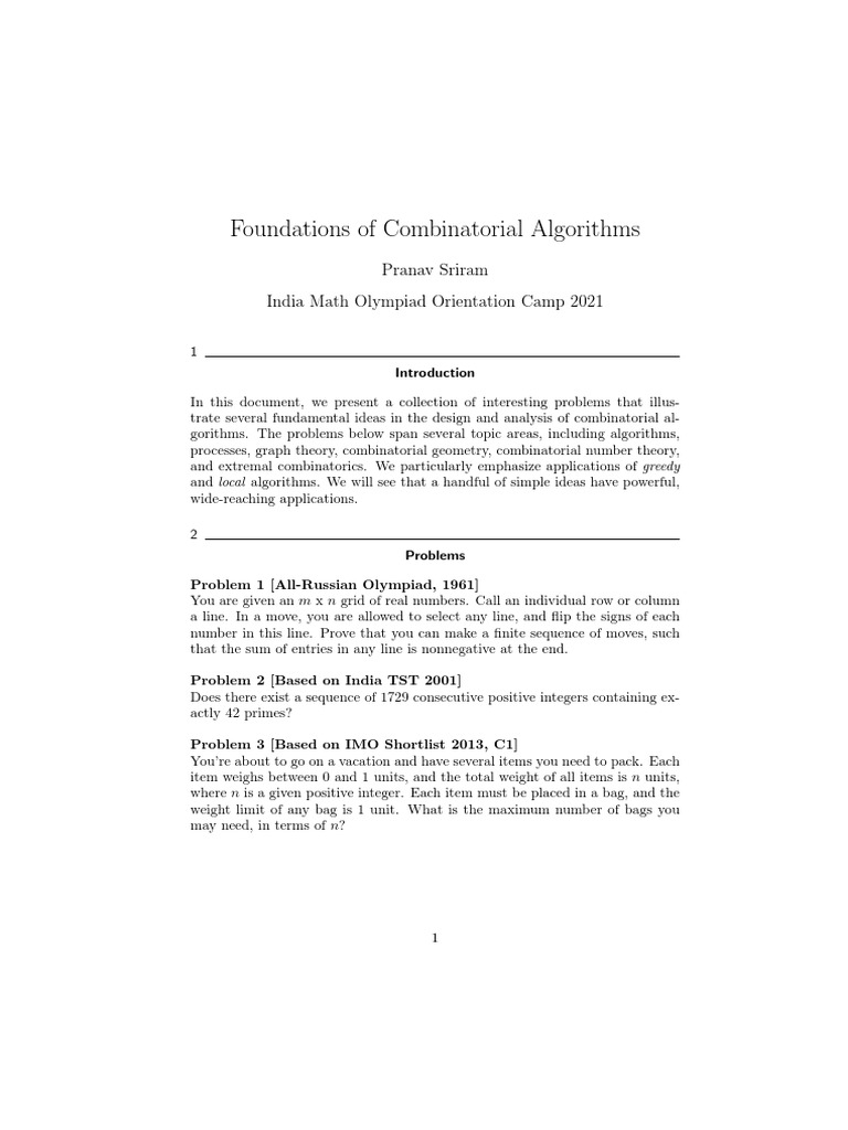 Foundations of Combinatorial Algorithms: Pranav Sriram India Math Olympiad Orientation Camp 2021 ...