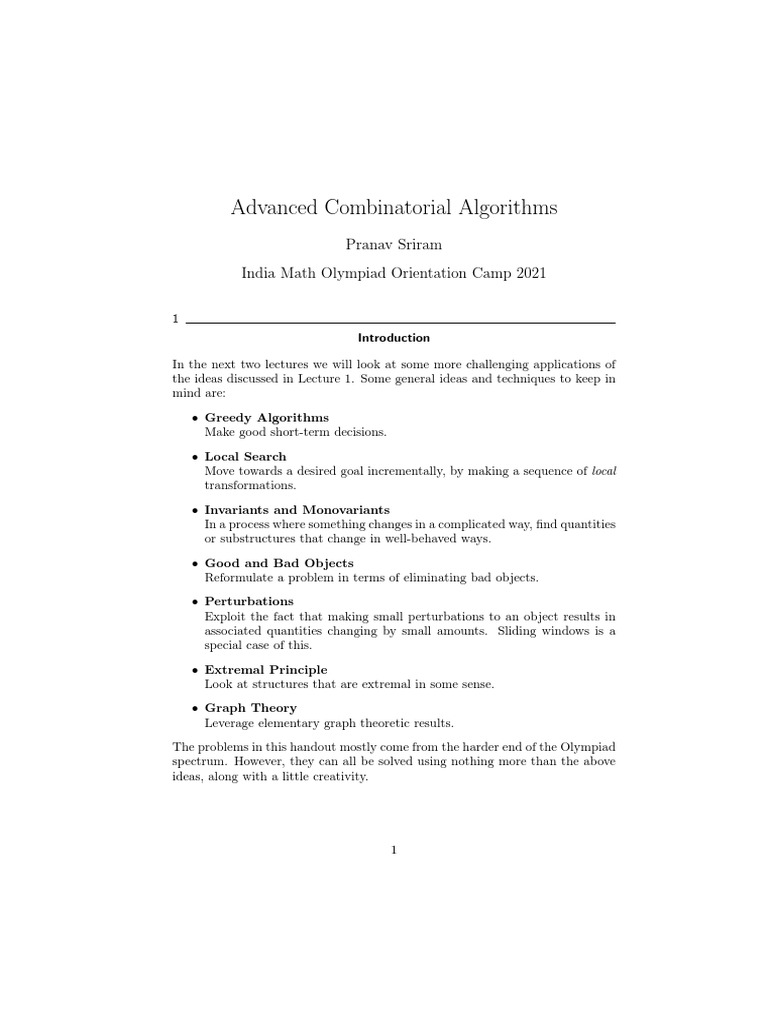 Advanced Combinatorial Algorithms: Pranav Sriram India Math Olympiad ...
