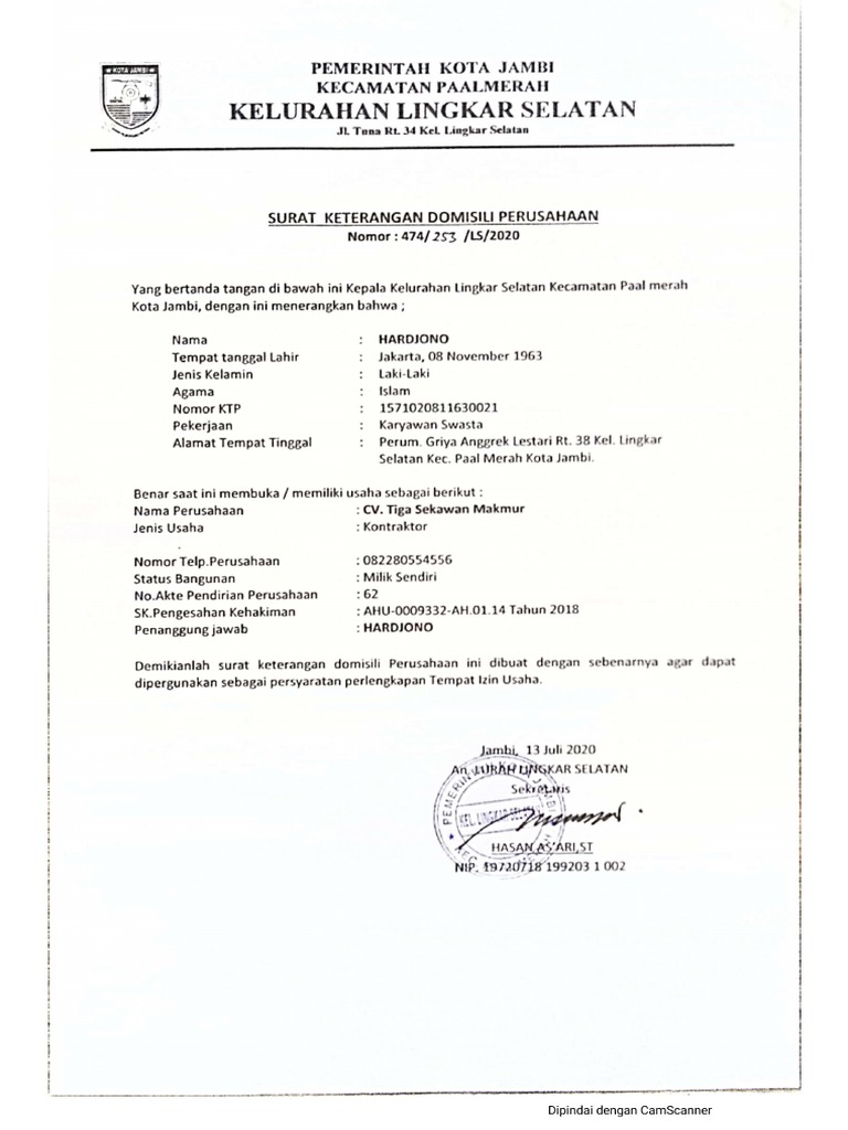 04 Surat Keterangan Domisili Kantor Cv. Tiga Sekawan Makmur | PDF