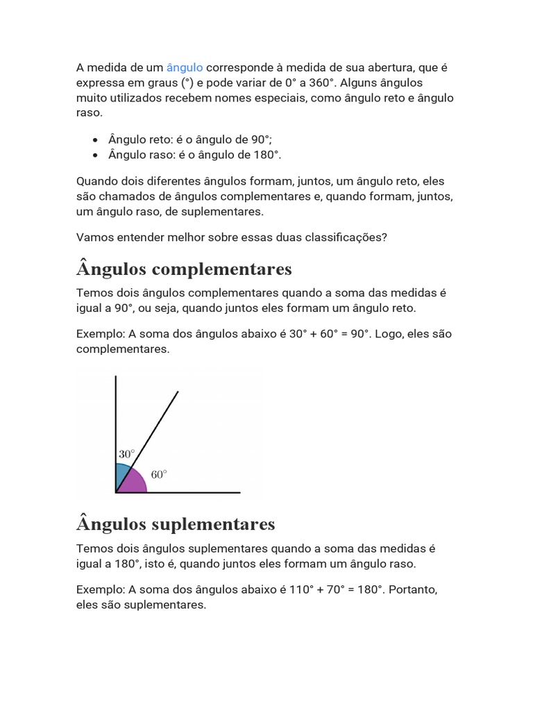 O Que São Angulos Complementares e Suplementares | PDF | Métodos e Materiais de Ensino ...