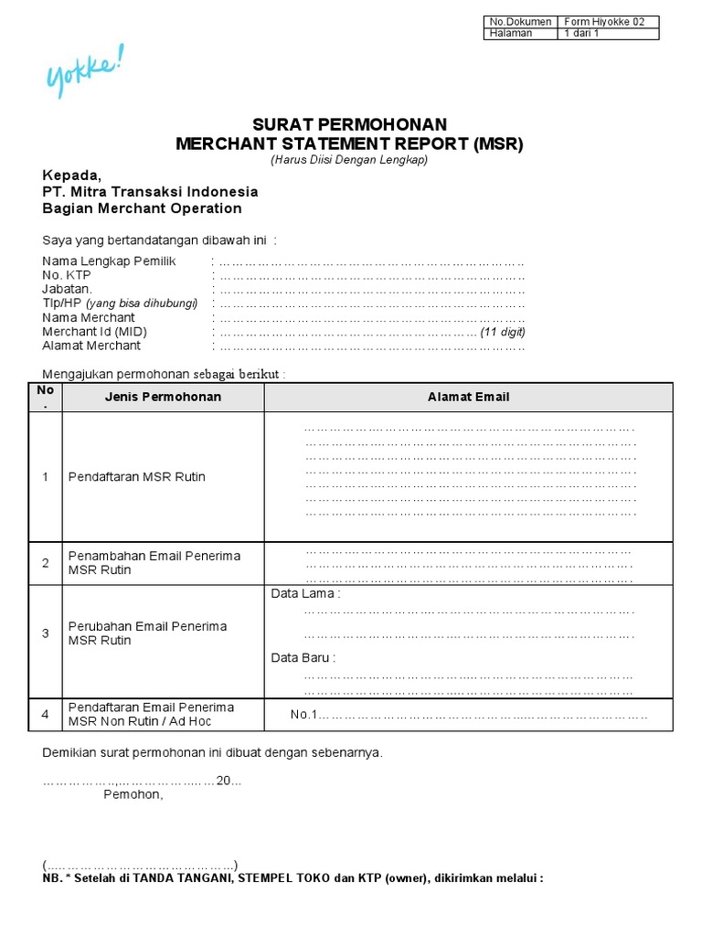 Surat Permohonan Merchant Statement Report (MSR) | PDF