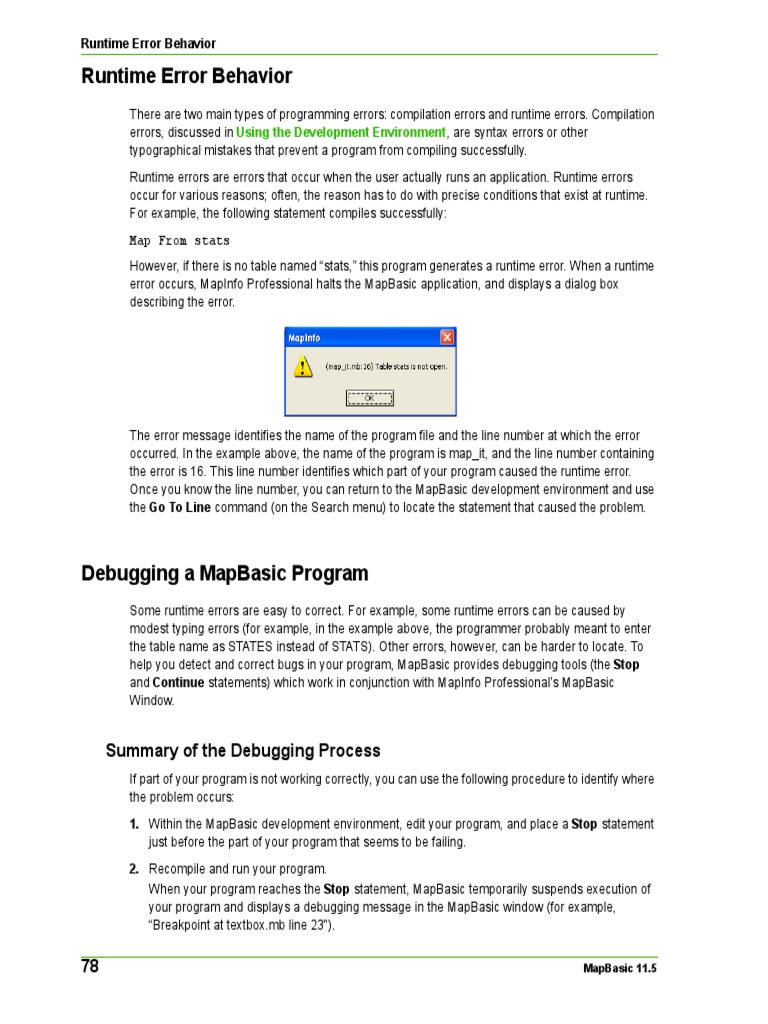 Understanding Runtime Errors in MapBasic | PDF | Debugging | Software Bug