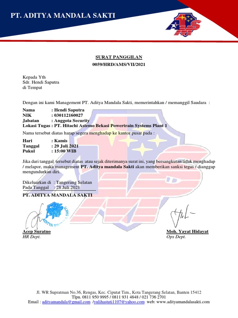 Surat Panggilan Karyawan PT Aditya Mandala | PDF
