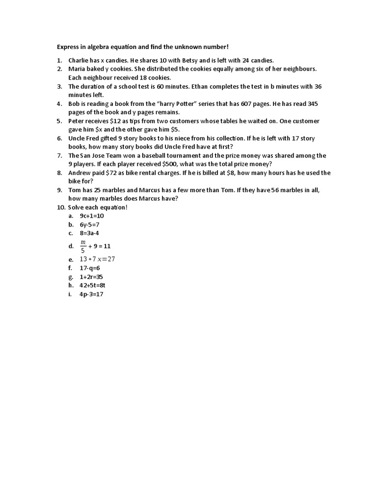 Algebra Word Problem Equation 1 | PDF
