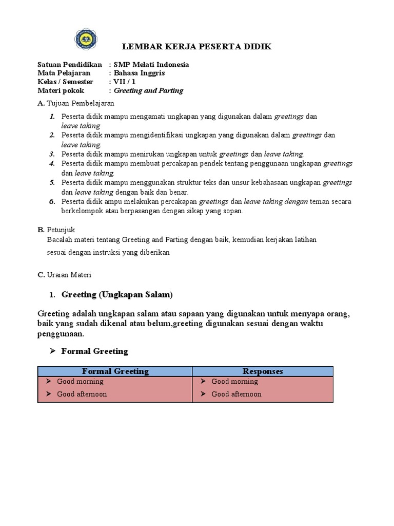 Greeting Parting Worksheet EFL Class | PDF