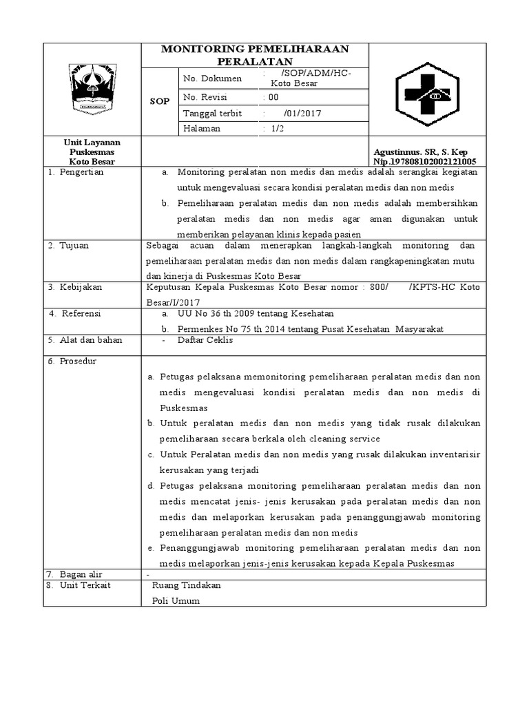 Sop Monitoring Pemeliharaan Peralatan | PDF