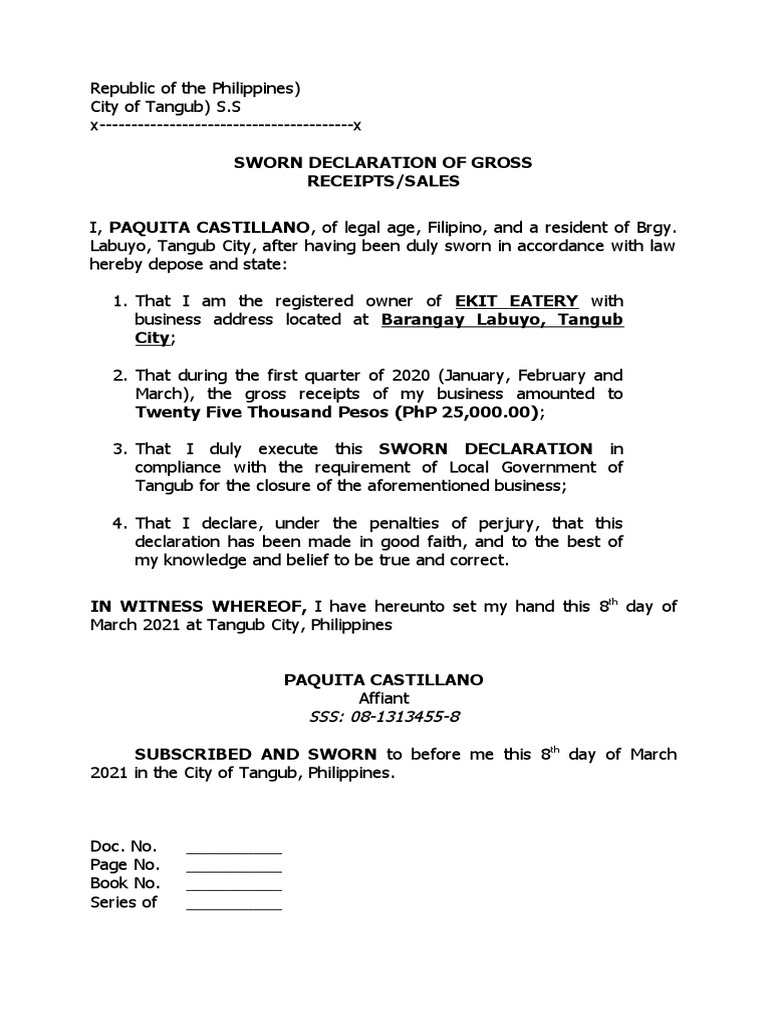 Sworn Declaration of Gross Income - Castillano | PDF Sworn Declaration of Gross Income - Castillano | PDF