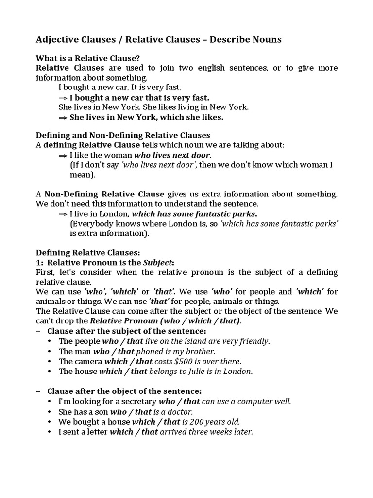 Adjective Clause Worksheet Guide | PDF | Subject (Grammar) | Noun