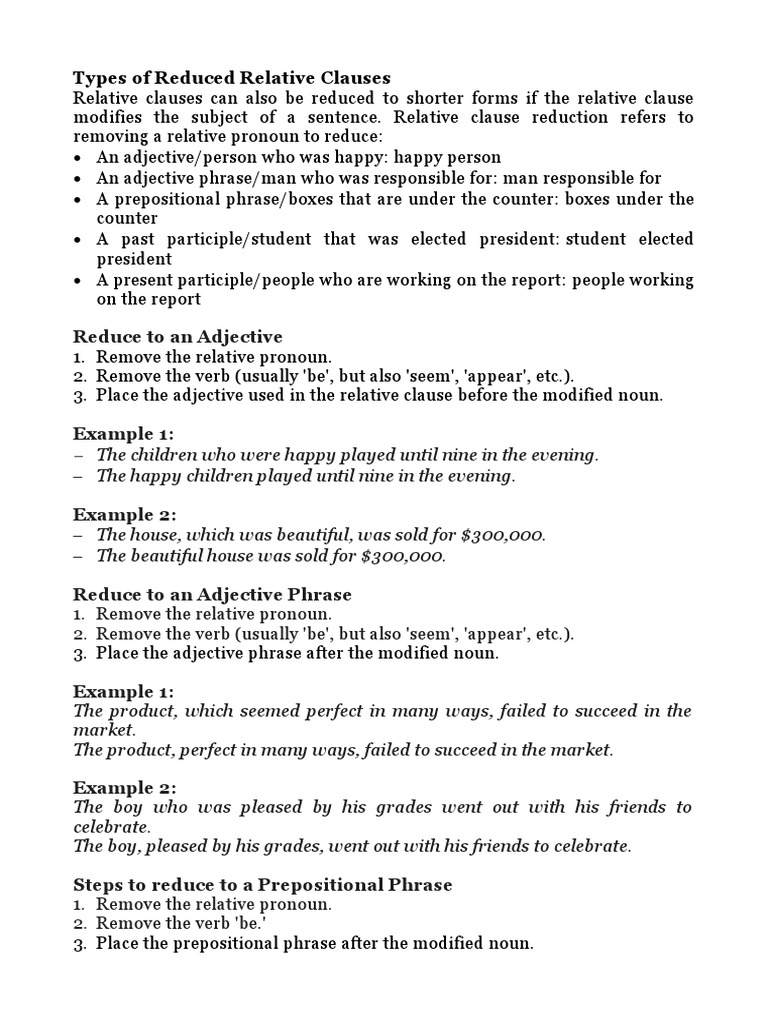 Types of Reduced Relative Clauses | PDF | Verb | Adjective