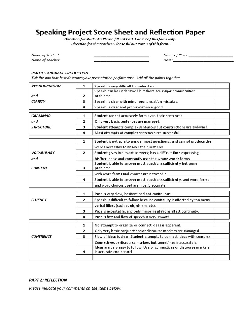Speaking Project Score Sheet and Reflection Paper | PDF | Vocabulary ...
