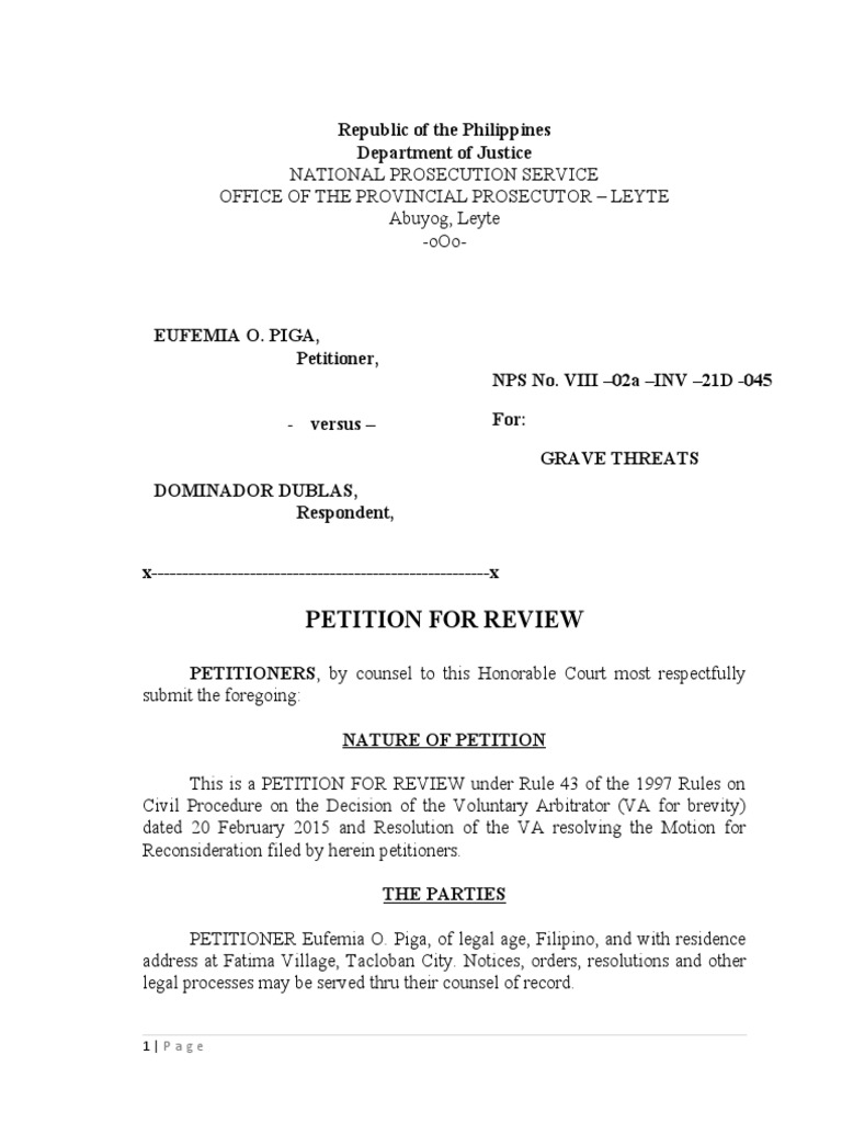 Sample Petition For Review by Balio and | PDF | Lawsuit | Attorney's Fee