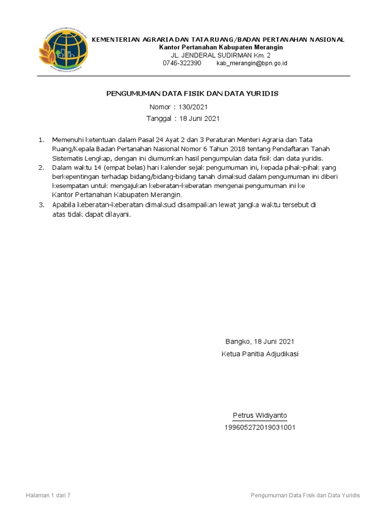 Pengumuman Data Fisik Dan Data Yuridis | PDF