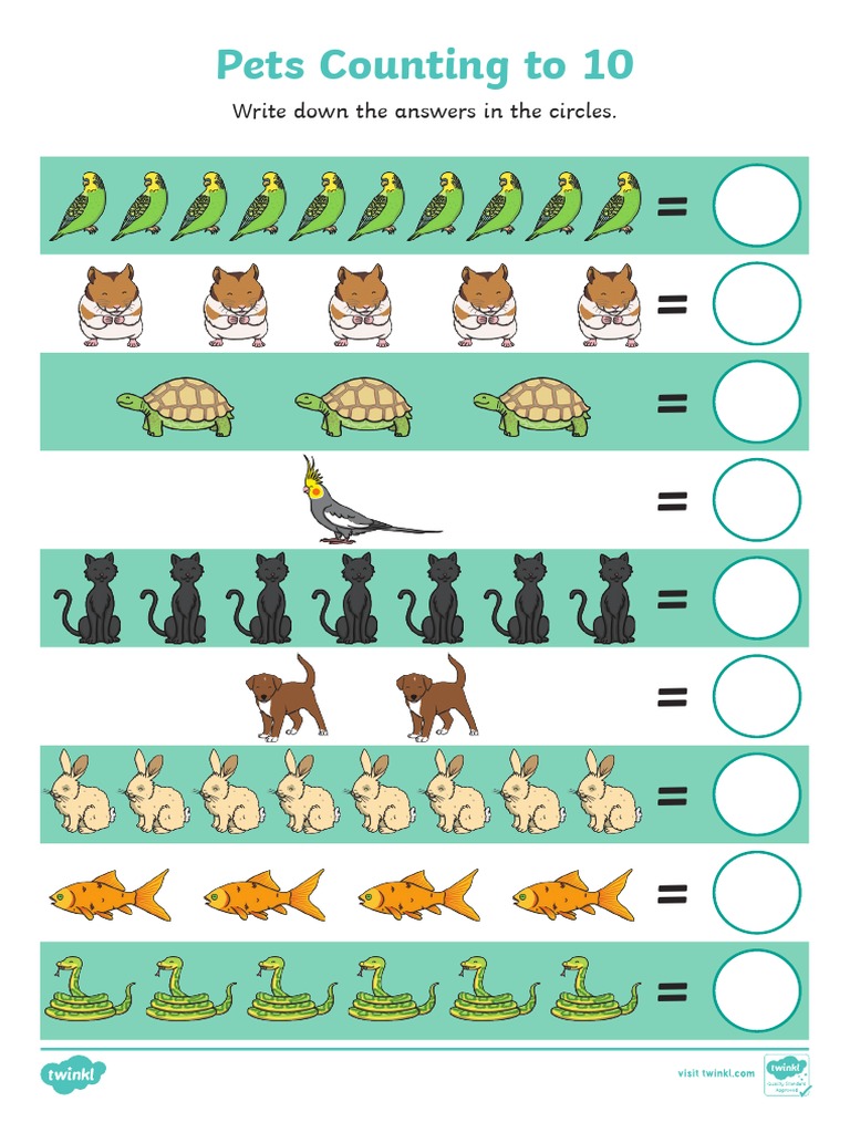 Pets Counting To 10: Write Down The Answers in The Circles | PDF