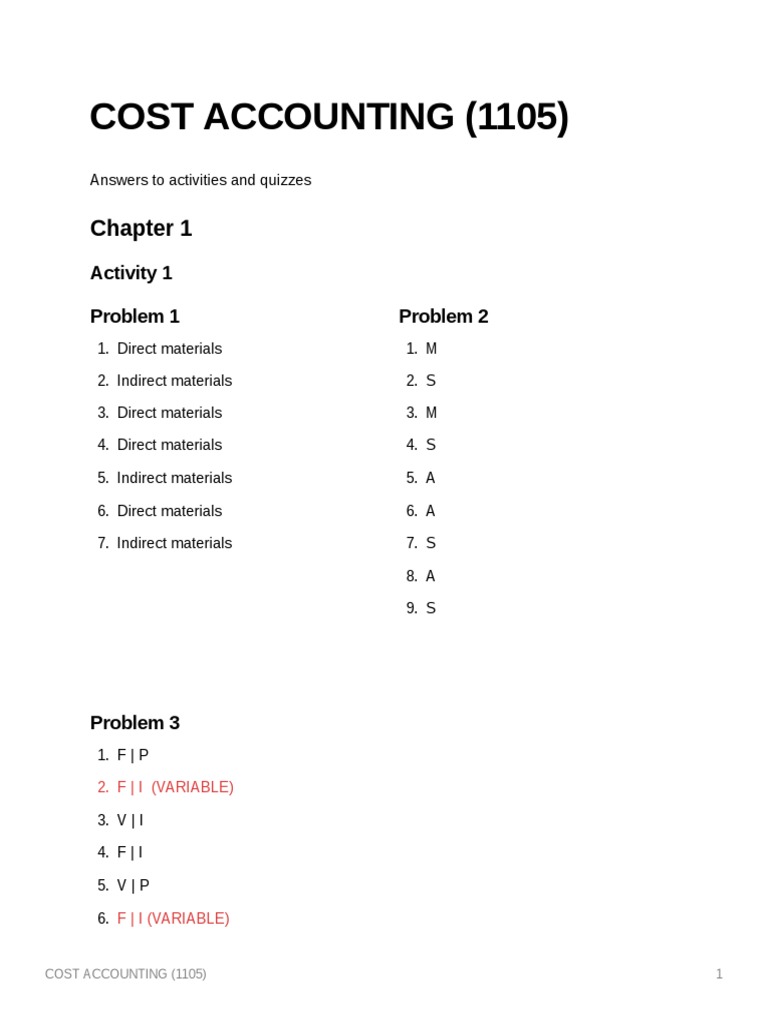 Cost Accounting (1105) : Activity 1 Problem 1 Problem 2 | Download Free ...