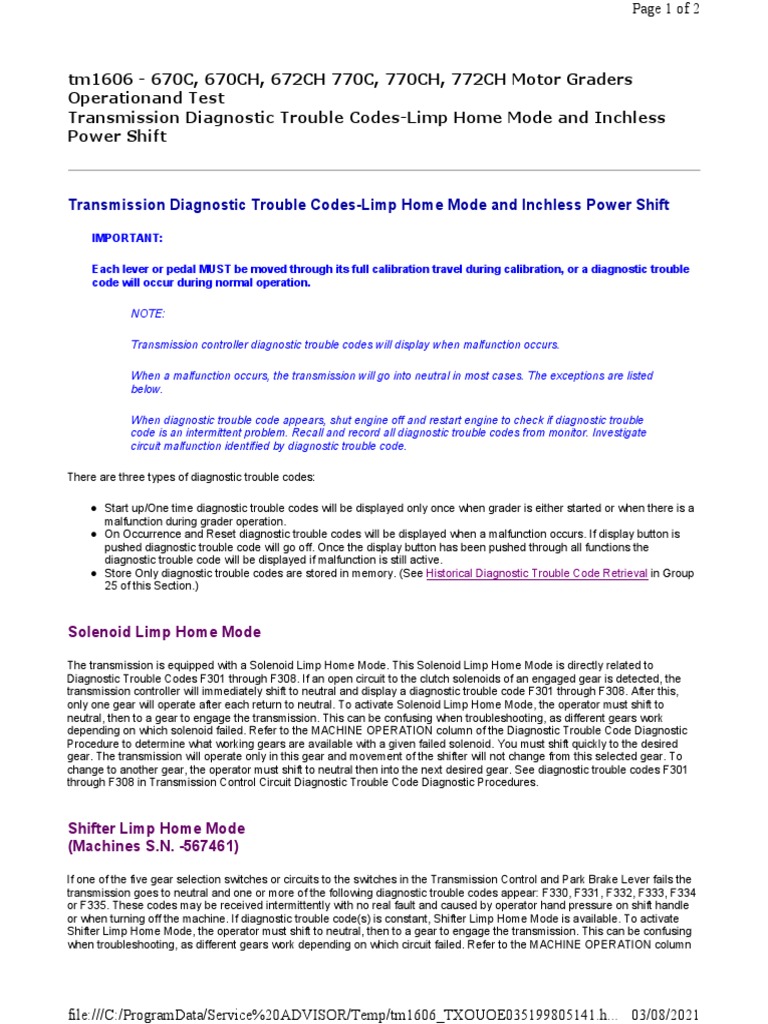 Transmission Diagnostic Trouble Codes-Limp Home Mode and Inchless Power ...