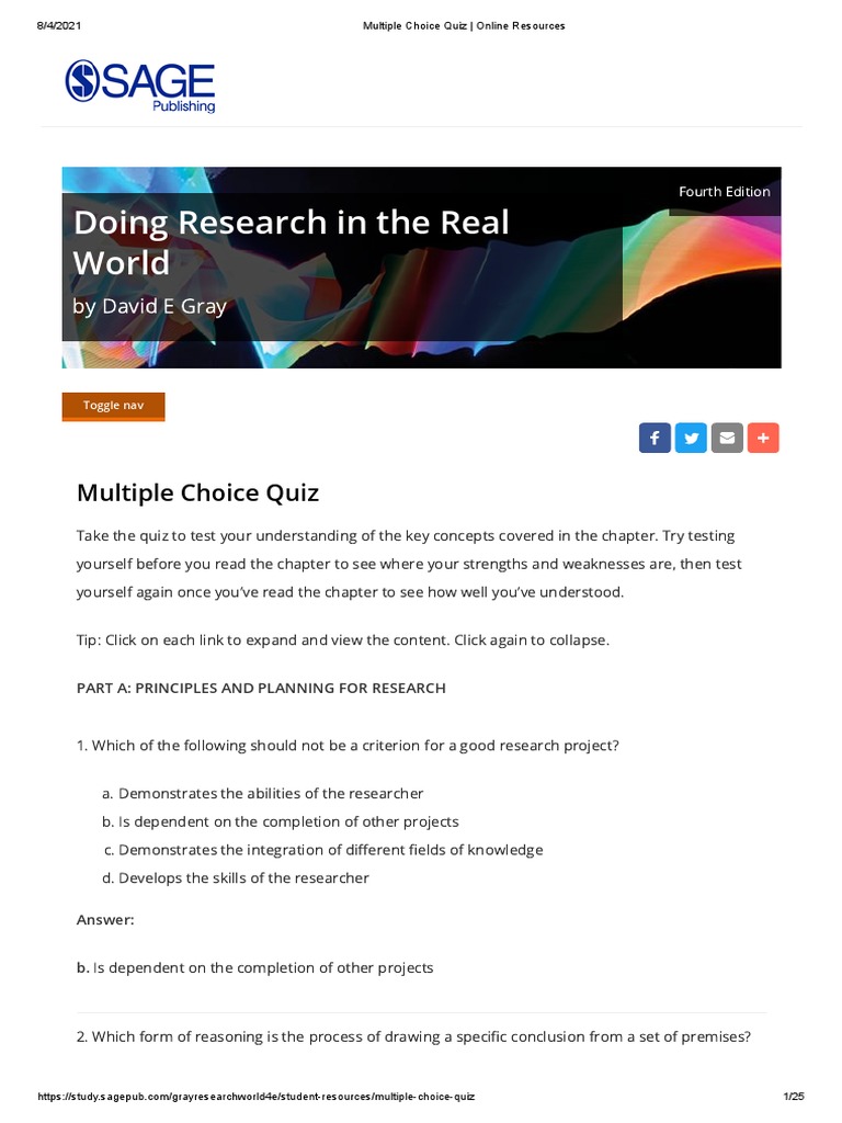 Doing Research in The Real World: Multiple Choice Quiz | PDF | Sampling (Statistics) | Validity ...