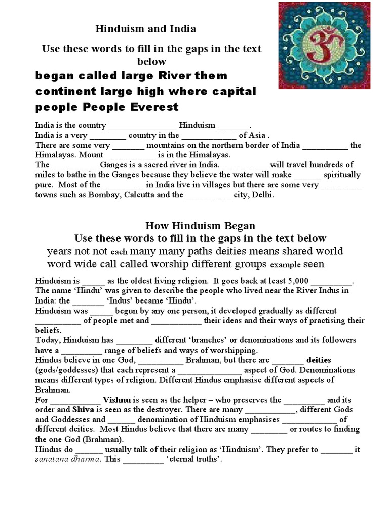 Basic Knowledge Hinduism and India Gap Fill | PDF | God | Brahman